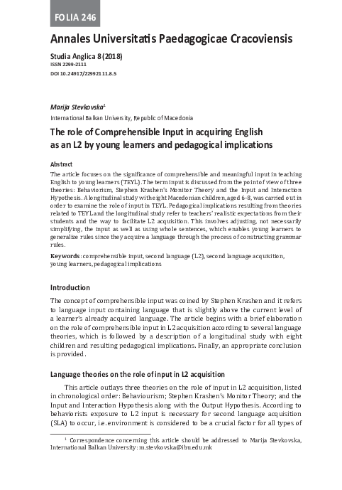 (PDF) The Role of Comprehensible Input in Acquiring English as aa L2 by Young Learners and ...