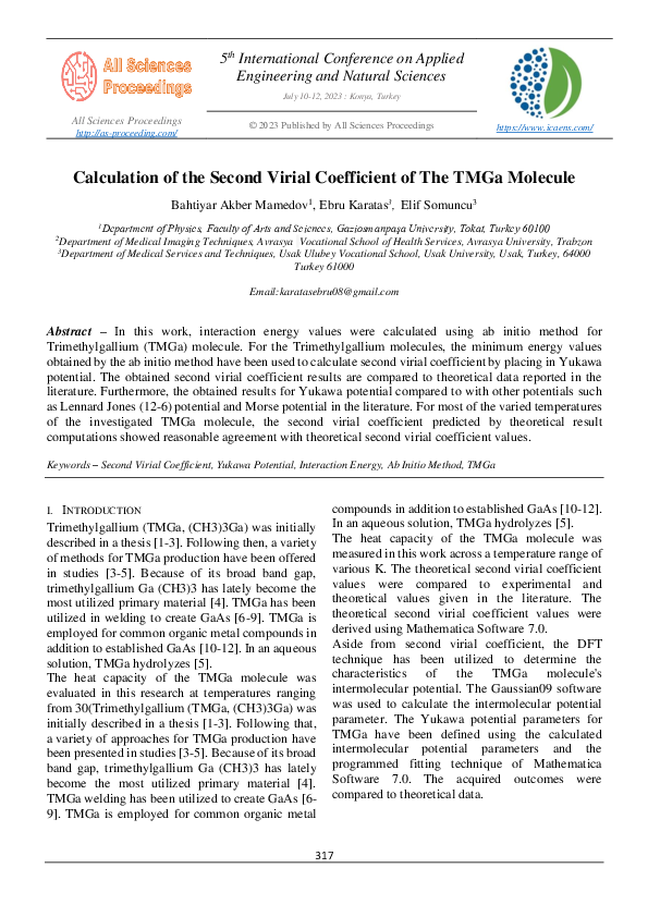 (PDF) Calculation of the Second Virial Coefficient of The TMGa Molecule