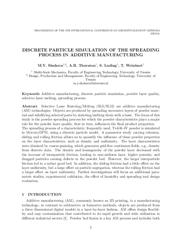 (PDF) Discrete particle simulation of the spreading process in additive manufacturing