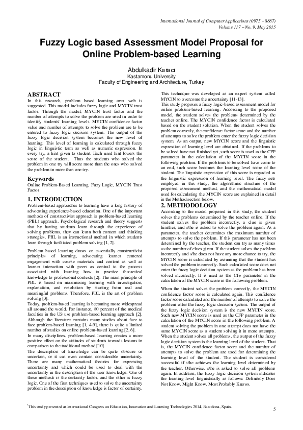 (PDF) Fuzzy Logic based Assessment Model Proposal for Online Problem-based Learning