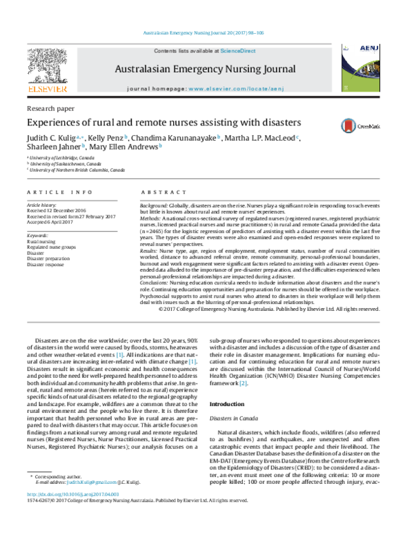 (PDF) Experiences of rural and remote nurses assisting with disasters