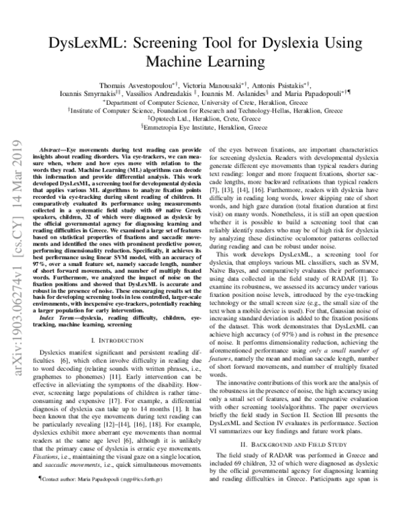 (PDF) DysLexML: Screening Tool for Dyslexia Using Machine Learning