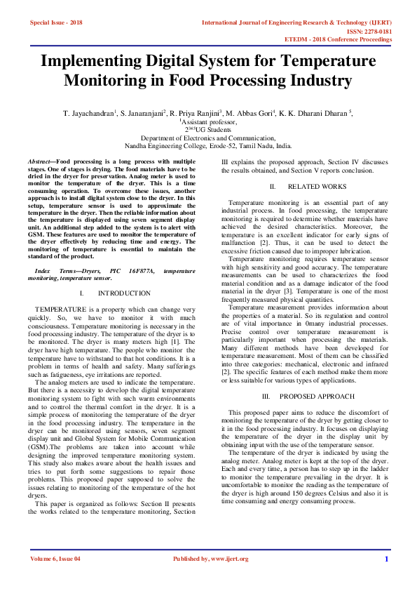 (PDF) Implementing Digital System for Temperature Monitoring in Food Processing Industry