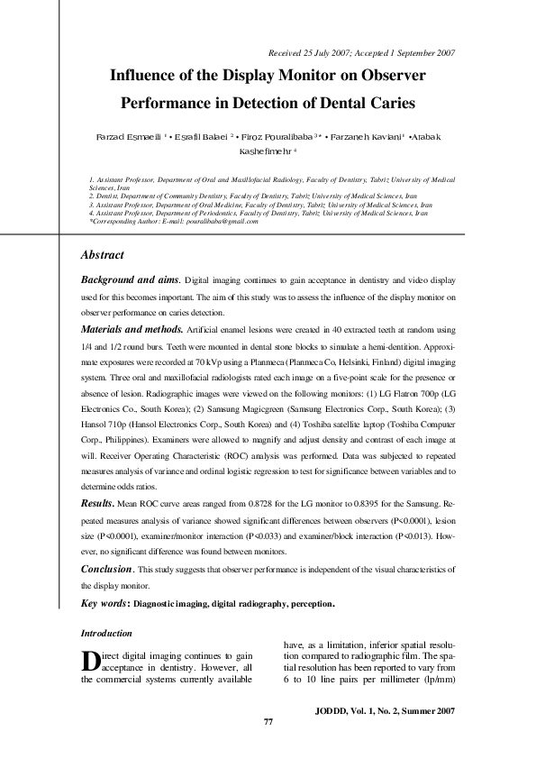 Pdf Influence Of The Display Monitor On Observer Performance In Detection Of Dental Caries
