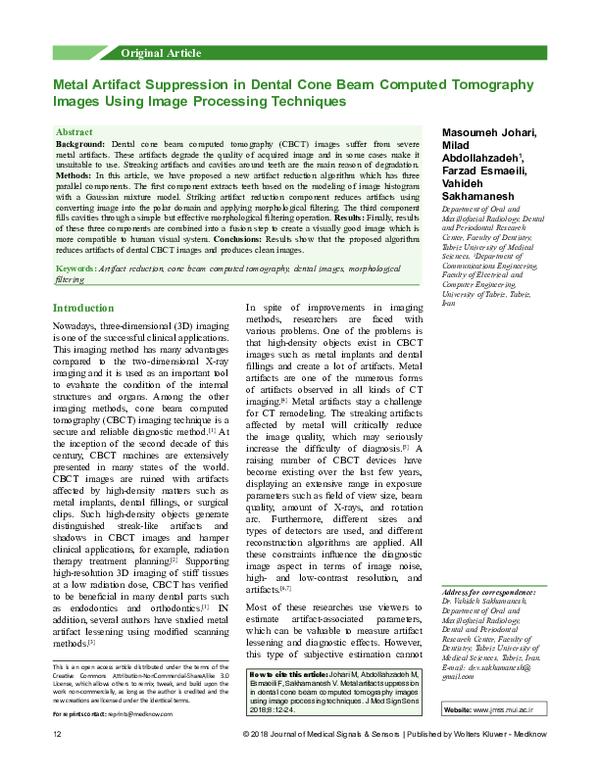 (PDF) Metal Artifact Suppression in Dental Cone Beam Computed Tomography Images Using Image ...