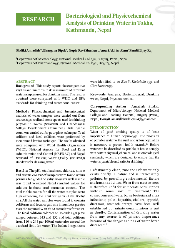 (PDF) Bacteriological and Physicochemical Analysis of Drinking Water in Tokha, Kathmandu, Nepal