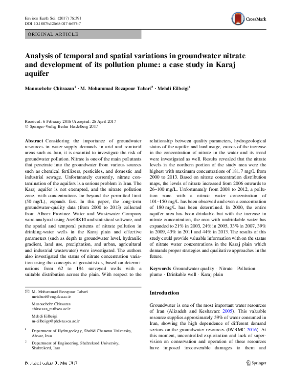 Pdf Analysis Of Temporal And Spatial Variations In Groundwater Nitrate And Development Of Its