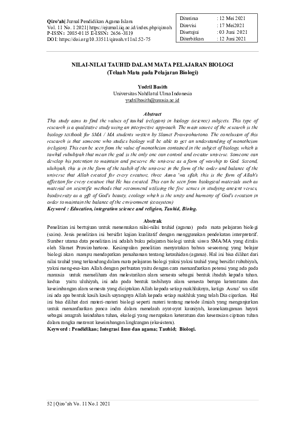(PDF) Nilai-nilai Tauhid dalam Mata Pelajaran Biologi (Telaah pada Mata Pelajaran Biologi)