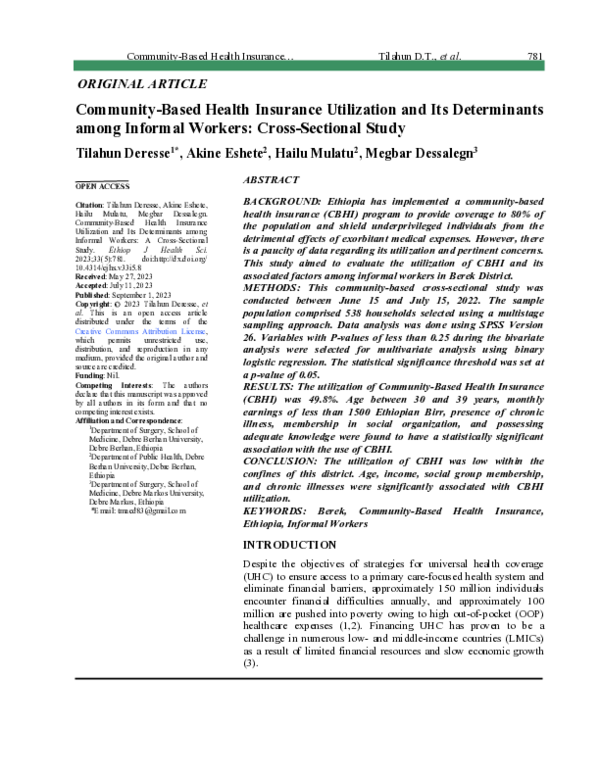 (PDF) Community-Based Health Insurance Utilization and Its Determinants ...