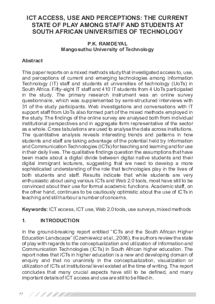(PDF) ICT access, use and perceptions : the current state of play among staff and students at ...