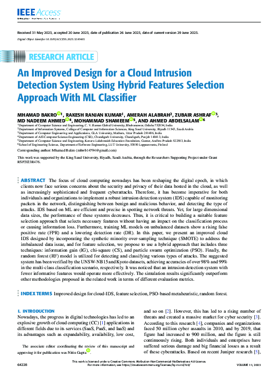 Pdf An Improved Design For A Cloud Intrusion Detection System Using Hybrid Features Selection