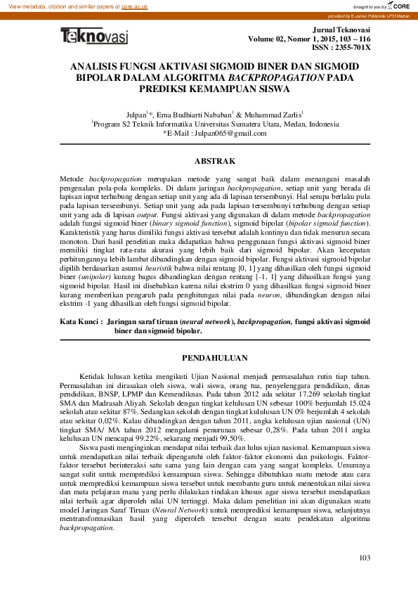 Pdf Analisis Fungsi Aktivasi Sigmoid Biner Dan Sigmoid Bipolar Dalam Algoritma Backpropagation