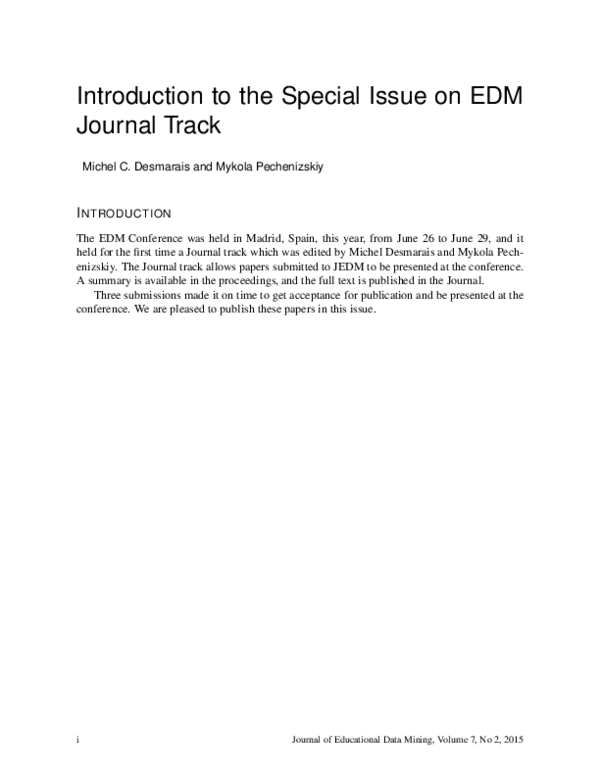 (PDF) Introduction to the Special Issue on EDM Journal Track