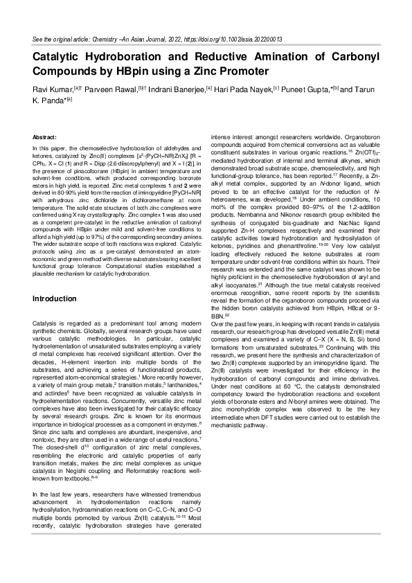 (PDF) Catalytic Hydroboration and Reductive Amination of Carbonyl ...