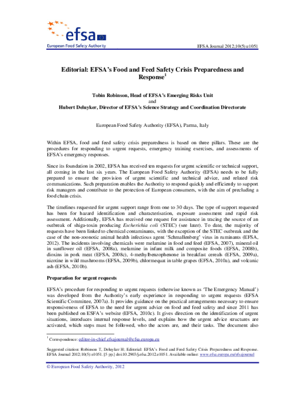 (PDF) Editorial: EFSA's Food and Feed Safety Crisis Preparedness and ...
