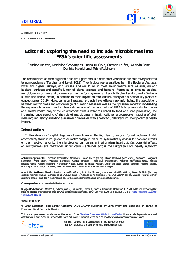 (PDF) Editorial: Exploring the need to include microbiomes into EFSA's scientific assessments