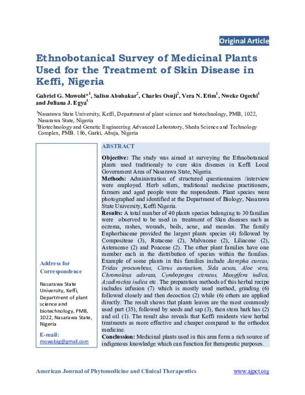(PDF) Ethnobotanical Survey of Medicinal Plants Used for the Treatment of Skin Disease in Keffi ...