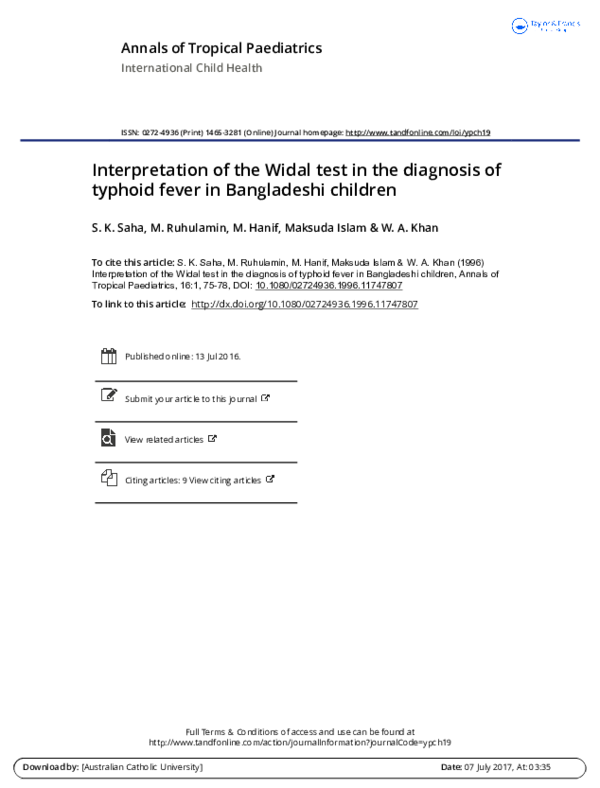 (PDF) Interpretation of the Widal test in the diagnosis of typhoid ...