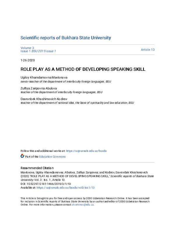 (PDF) Role Play as a Method of Developing Speaking Skill