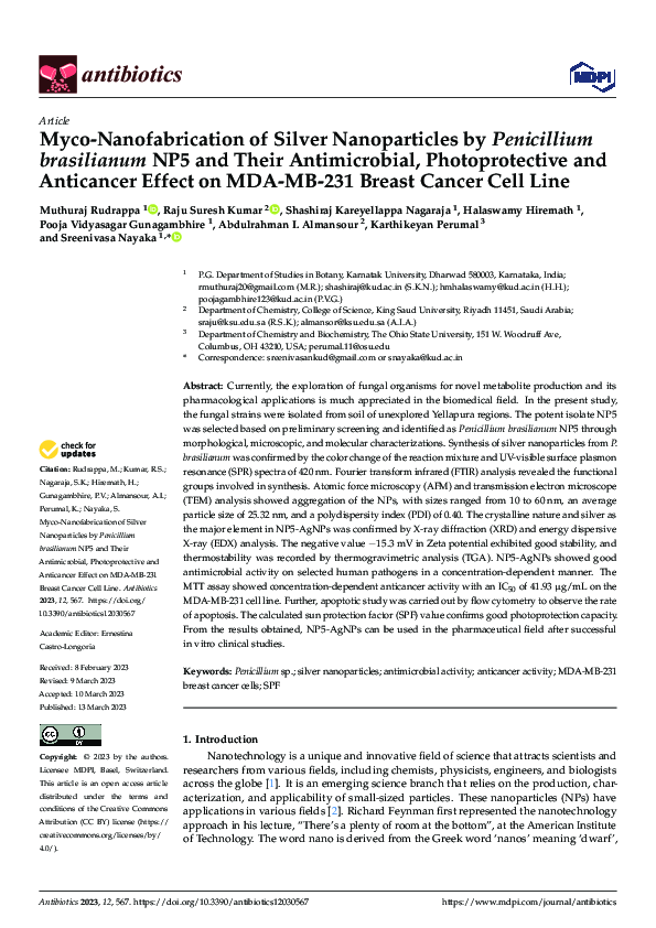 (PDF) Myco-Nanofabrication of Silver Nanoparticles by Penicillium brasilianum NP5 and Their ...