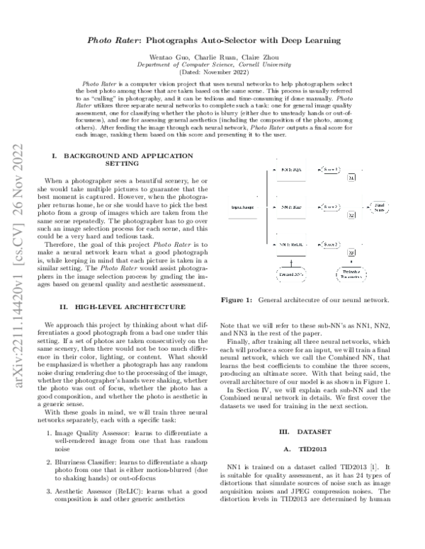 (PDF) Photo Rater: Photographs Auto-Selector with Deep Learning