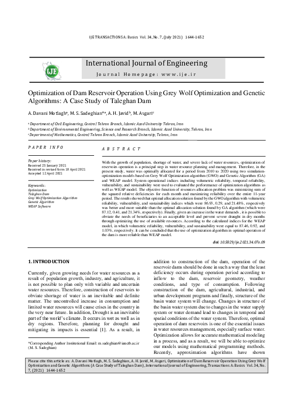 (PDF) Optimization of Dam Reservoir Operation Using Grey Wolf Optimization and Genetic ...