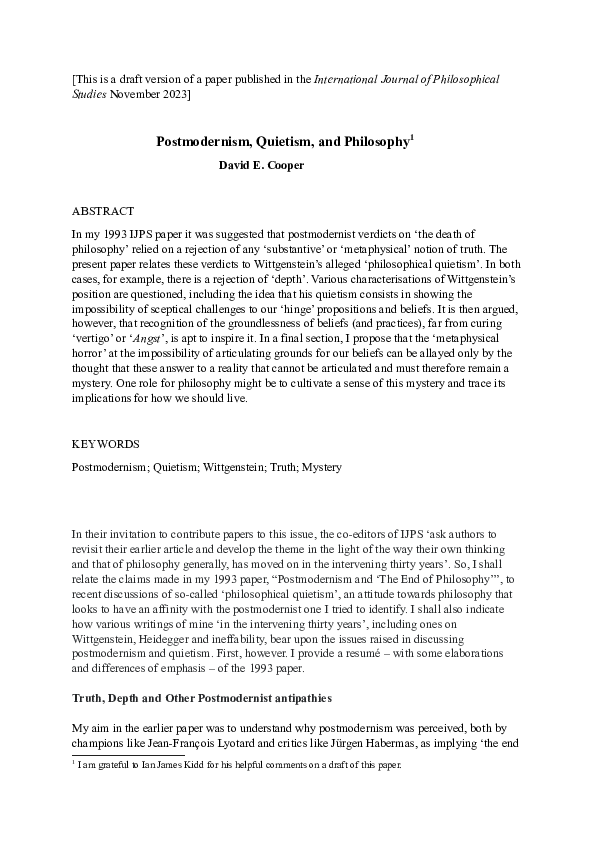 (DOC) Postmodernism, Quietism, and Philosophy1