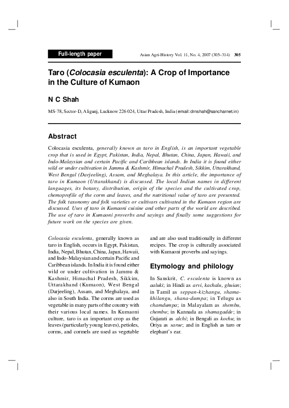 (PDF) Taro (Colocasia esculenta): A Crop of Importance in the Culture of Kumaon