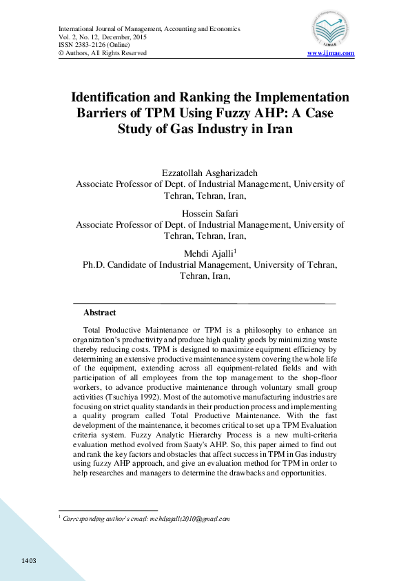 (PDF) Identification and Ranking the Implementation Barriers of TPM Using Fuzzy AHP: A Case ...