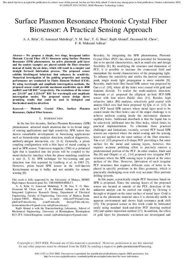 (PDF) Surface Plasmon Resonance Photonic Crystal Fiber Biosensor: A Practical Sensing Approach