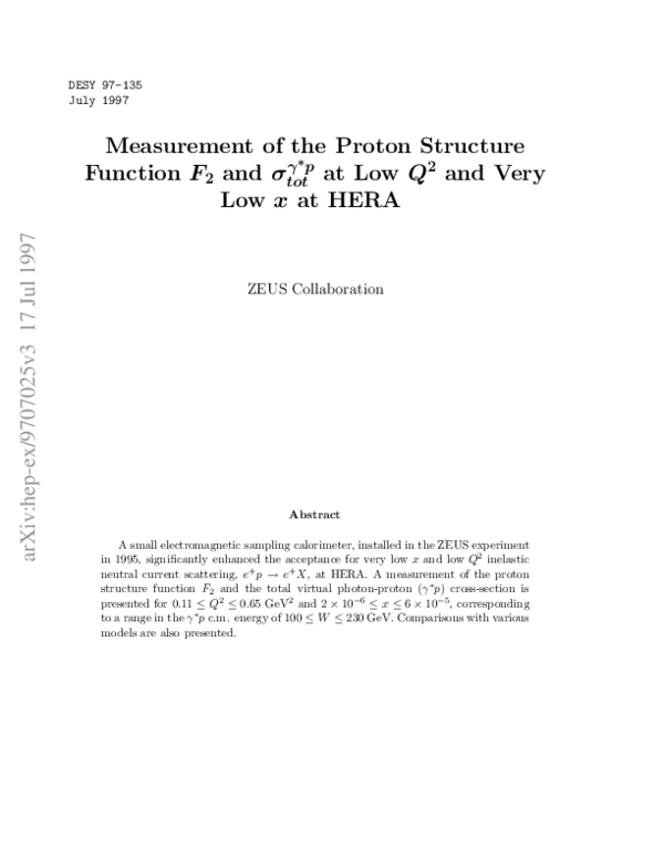 (PDF) Measurement of the proton structure function F-2 and sigma(gamma*p)(tot) at low Q(2) and ...
