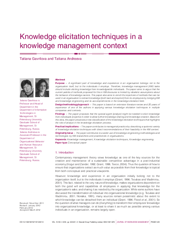 (PDF) Knowledge elicitation techniques in a knowledge management context