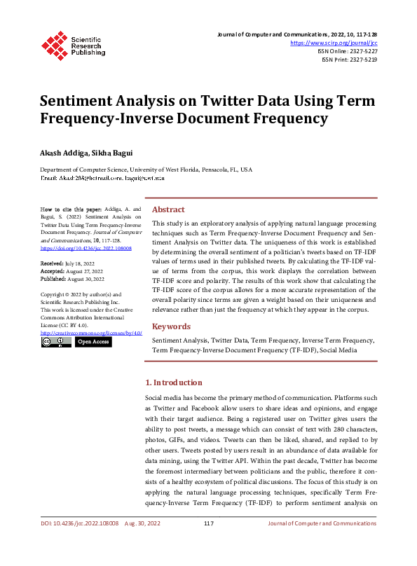 (PDF) Sentiment Analysis on Twitter Data Using Term Frequency-Inverse Document Frequency | Sikha ...