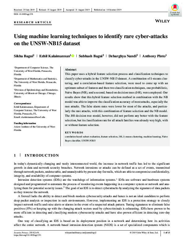 (PDF) Using machine learning techniques to identify rare cyber‐attacks on the UNSW‐NB15 dataset