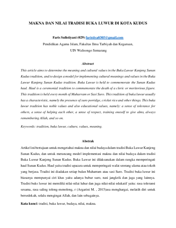 (PDF) Faris Sulistiyani (029) Dr. Kurnia Muhajarah, M. S. I. MAKNA DAN NILAI TRADISI BUKA LUWUR ...