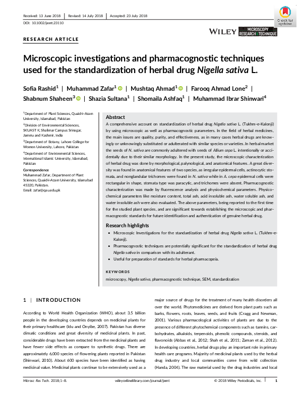 (PDF) Microscopic investigations and pharmacognostic techniques used for the standardization of ...