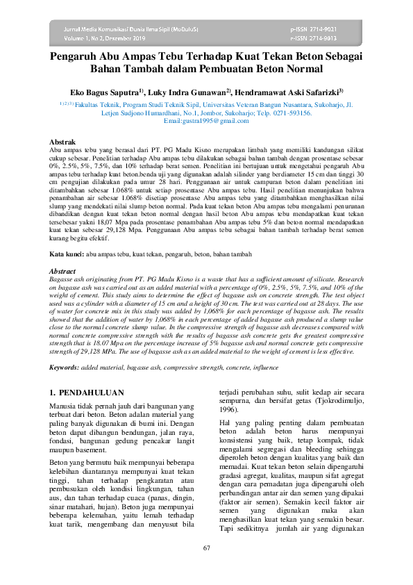 (PDF) Pengaruh Abu Ampas Tebu Terhadap Kuat Tekan Beton Sebagai Bahan Tambah Dalam Pembuatan ...