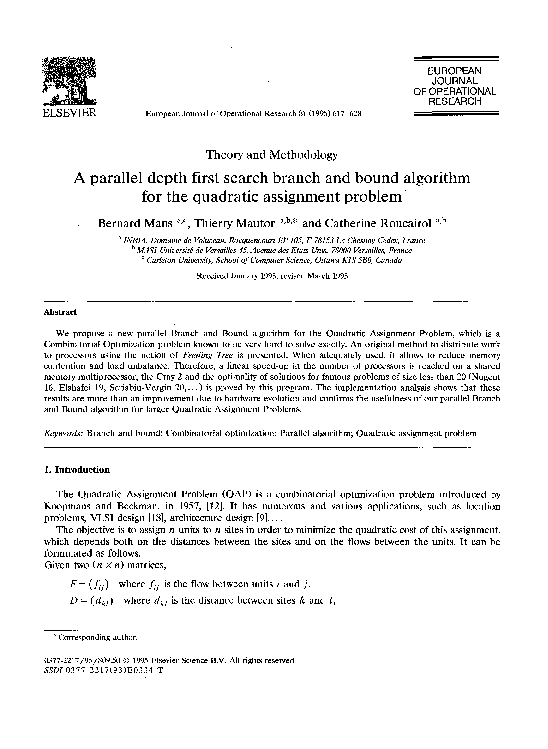 Pdf A Parallel Depth First Search Branch And Bound Algorithm For The Quadratic Assignment