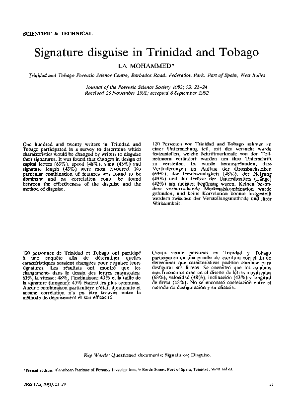 (PDF) Signature disguise in Trinidad and Tobago