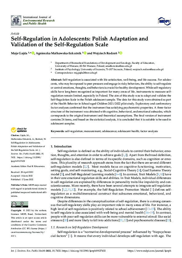 Pdf Self Regulation In Adolescents Polish Adaptation And Validation Of The Self Regulation Scale