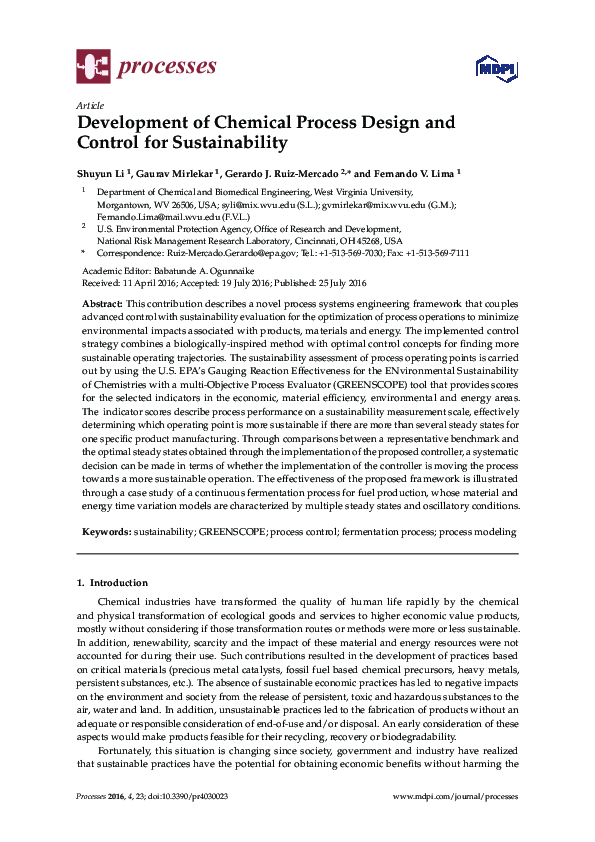 (PDF) Development of Chemical Process Design and Control for Sustainability