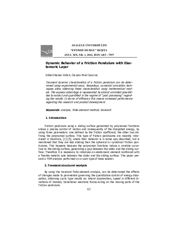 (PDF) Dynamic Behavior of a Friction Pendulum with Elastomeric Layer