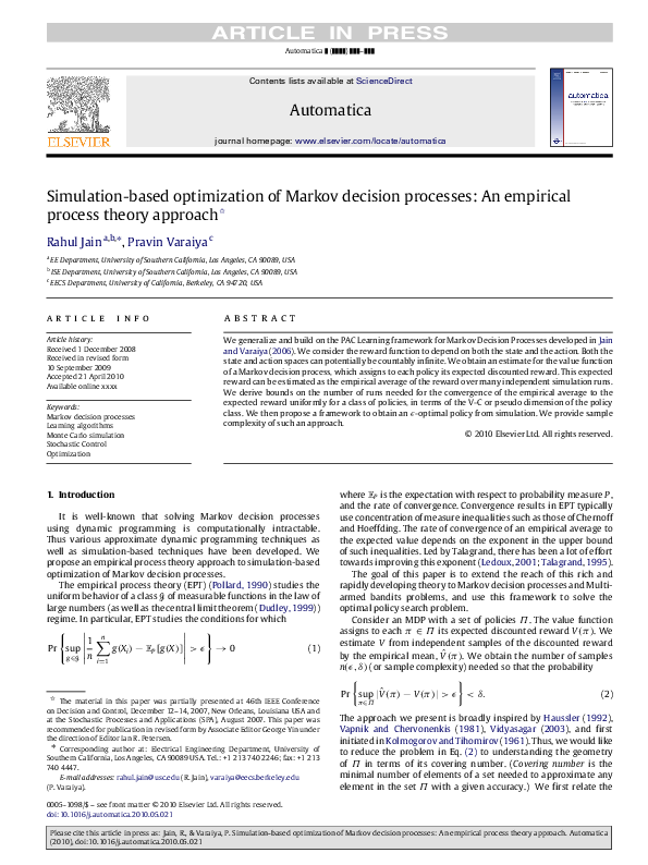 Pdf Simulation Based Optimization Of Markov Decision Processes An Empirical Process Theory