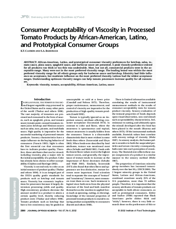 (PDF) Consumer Acceptability of Viscosity in Processed Tomato Products ...