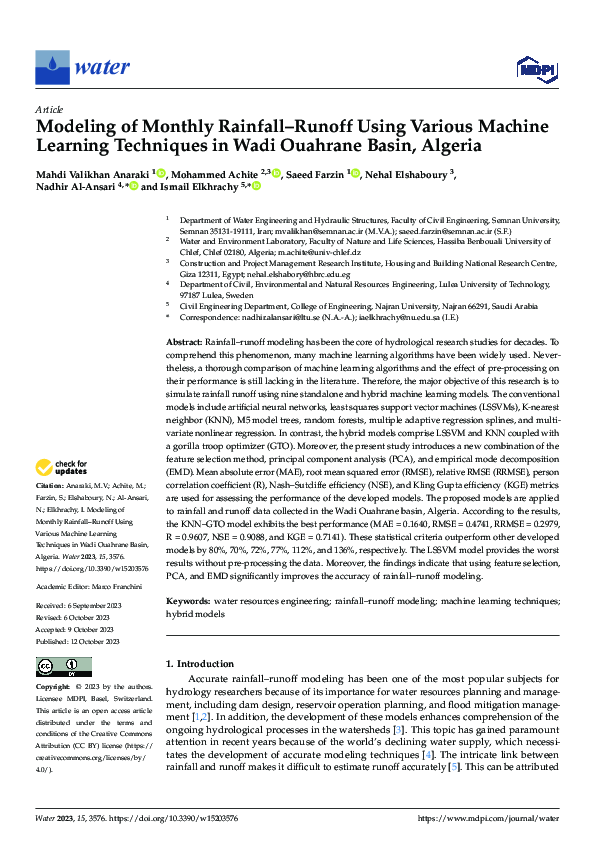 (PDF) Modeling of Monthly Rainfall–Runoff Using Various Machine Learning Techniques in Wadi ...