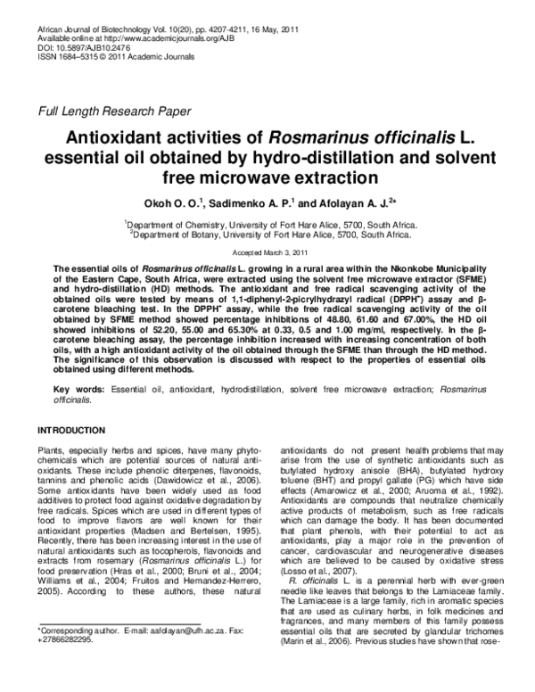 (PDF) Antioxidant activities of Rosmarinus officinalis L. essential oil obtained by hydro ...