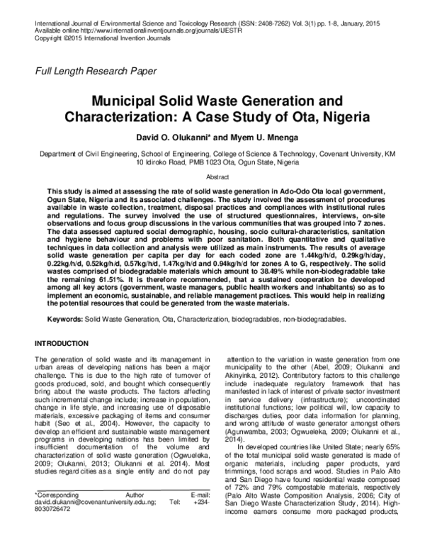 (PDF) Municipal Solid Waste Generation and Characterization: A Case ...