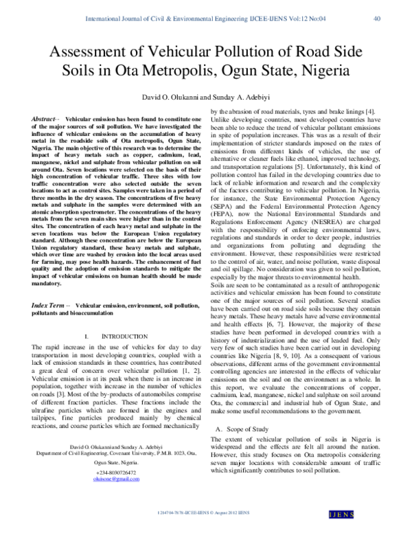 (PDF) Assessment of Vehicular Pollution of Road Side Soils in Ota ...