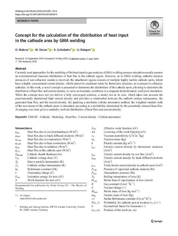 (PDF) Concept for the calculation of the distribution of heat input in the cathode area by GMA ...