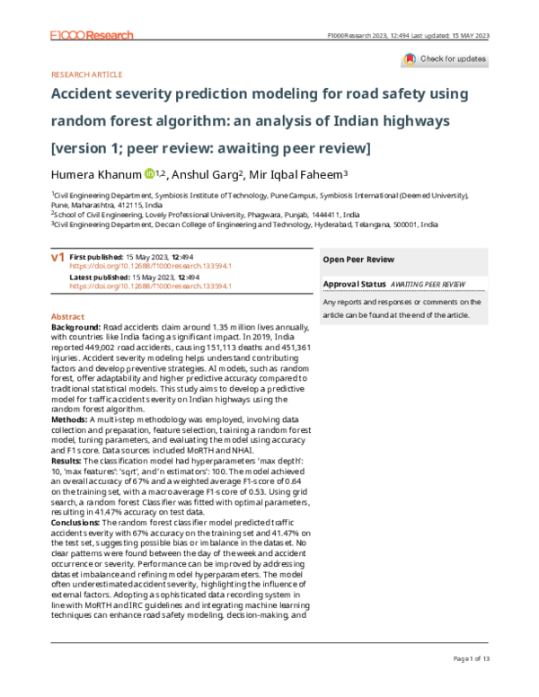 (PDF) Accident severity prediction modeling for road safety using random forest algorithm: an ...